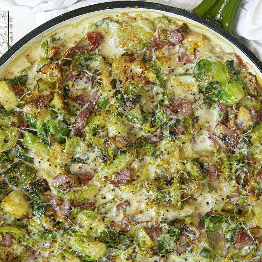 Brussels Sprouts Gratin (Turkey Bacon) - Cooking Made Healthy